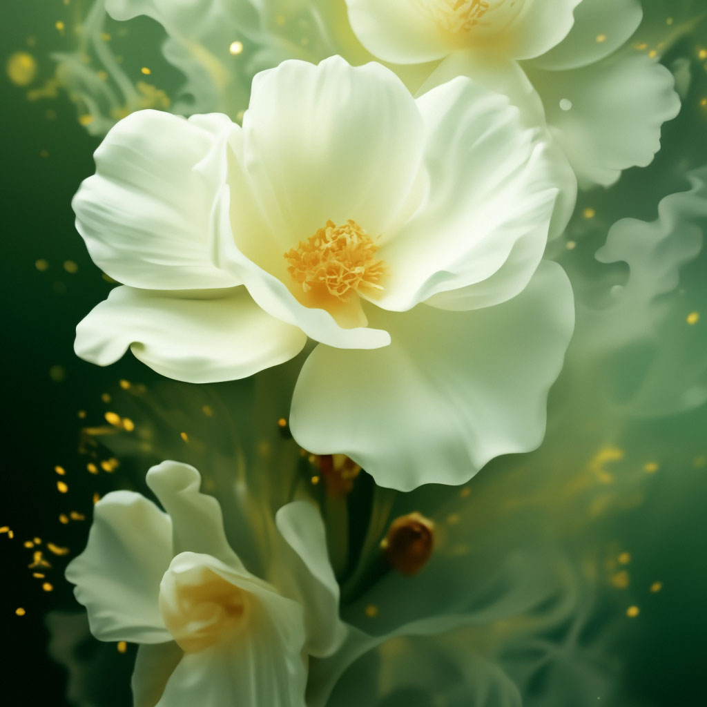 "White botany, pale yellow smoke, gray-green background, Petals in the ...