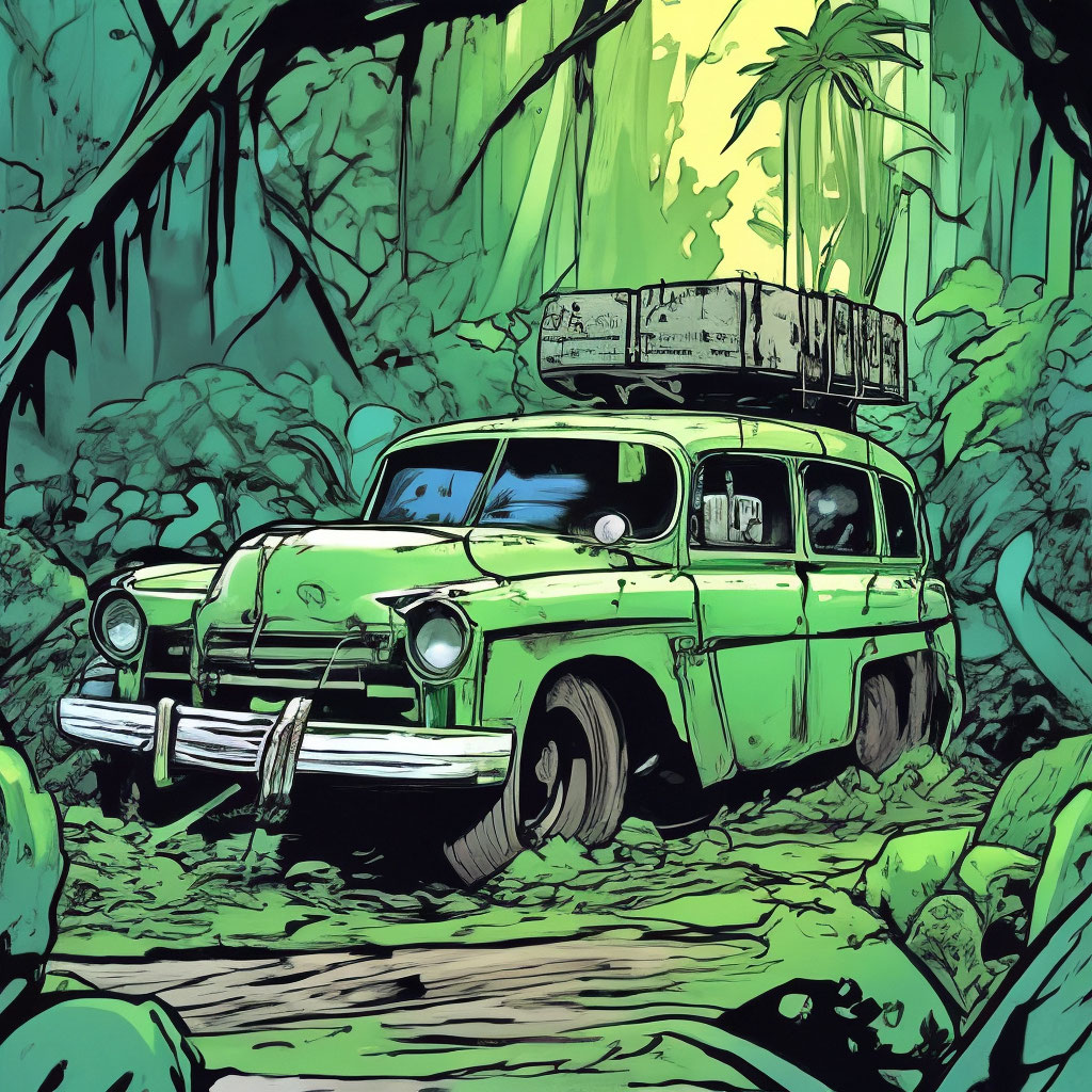 "Abandoned car in the green jungle, horror, horror, comics, heavy ...