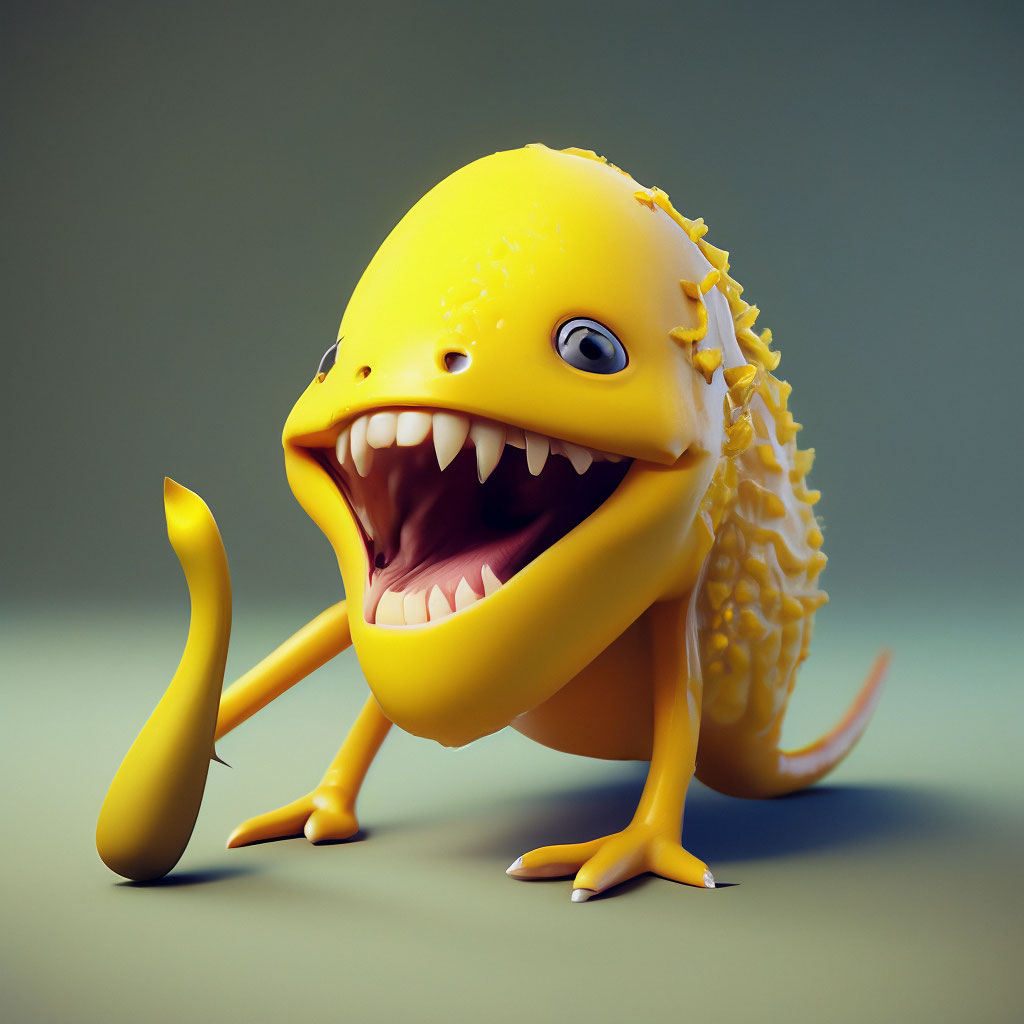 "Yellow bald long toothy and cute creature chewing" — image created in ...