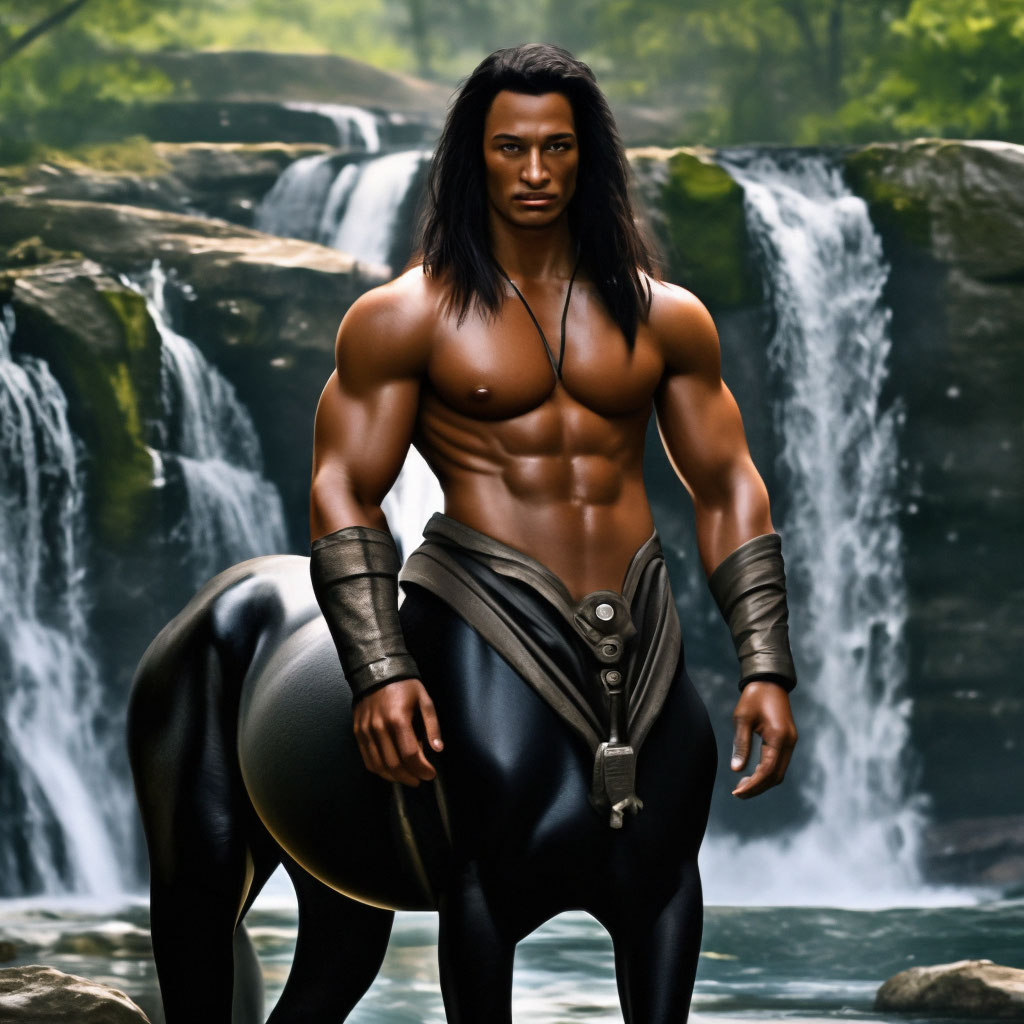 "Full-length centaur, black black, muscular, handsome, manly, long ...