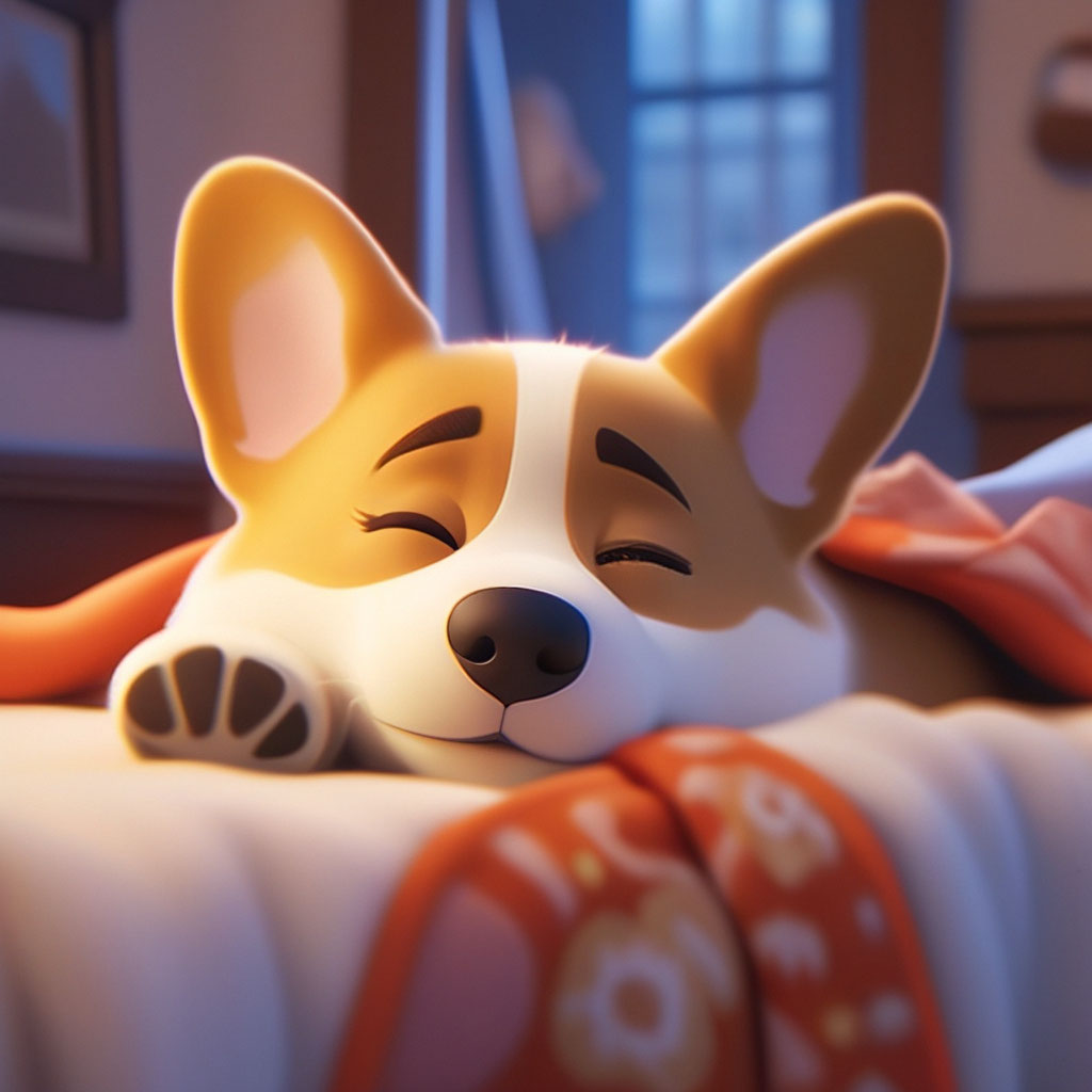 "Corgi sleeping peacefully in a cozy crib under a blanket, Pixar ...