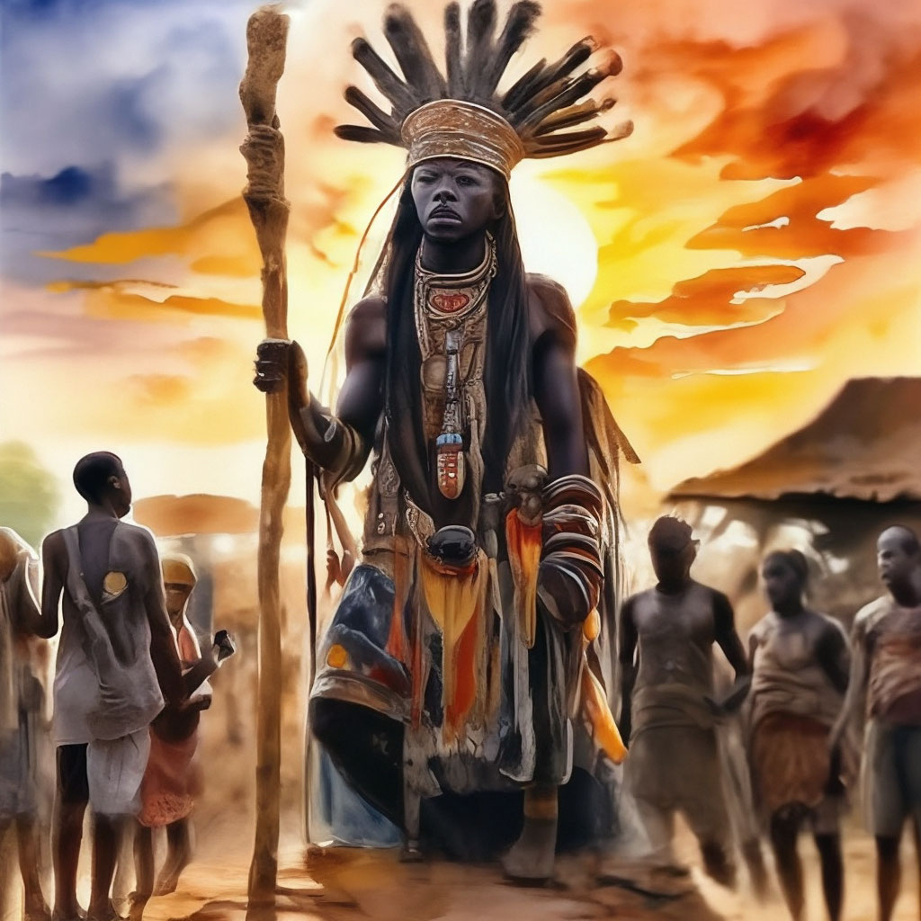 "High-quality watercolor drawing, africa, shamanic ritual, shaman with ...