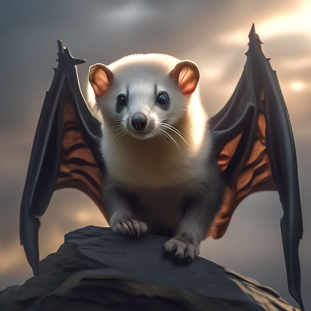 "A ferret-headed bat, full-length, large tail, wings, dragon's back ...
