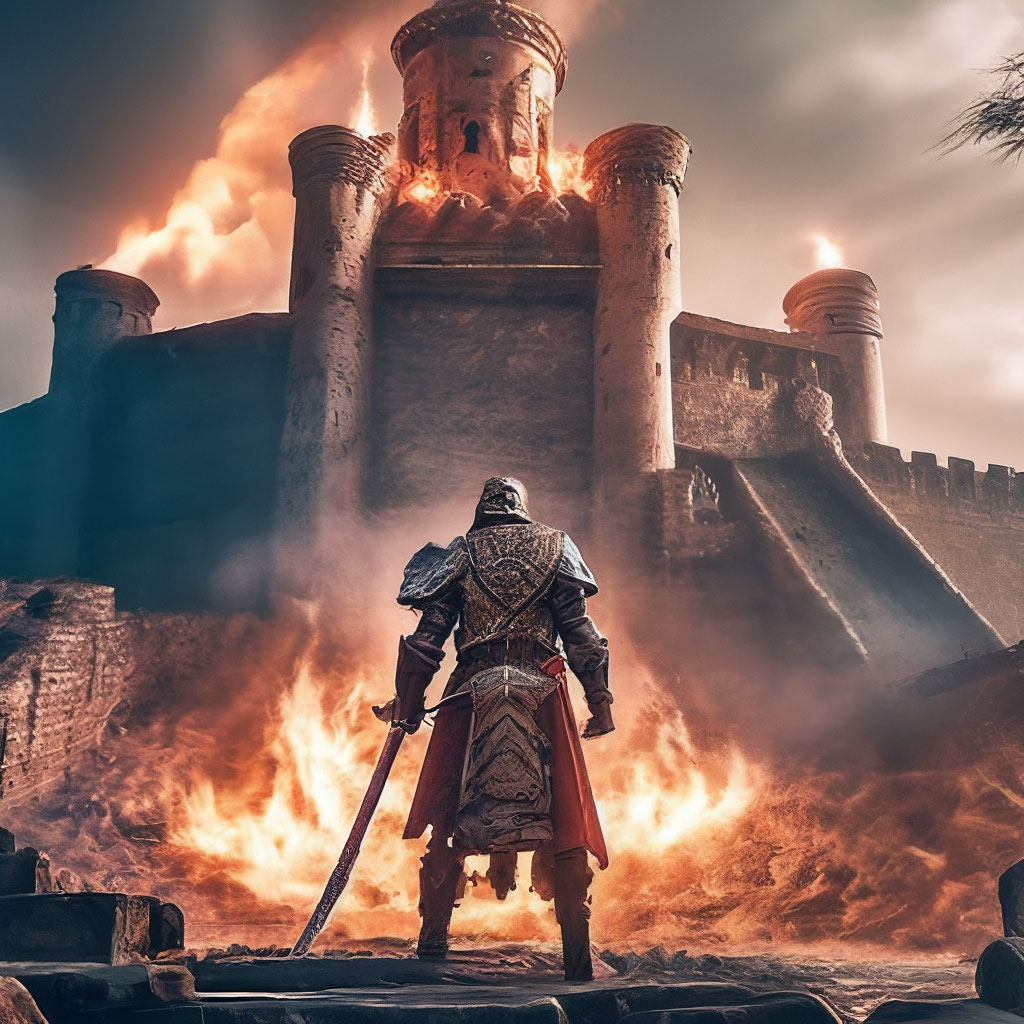 "Cinematic shot, warrior in front of a medieval burning fortress, epic ...