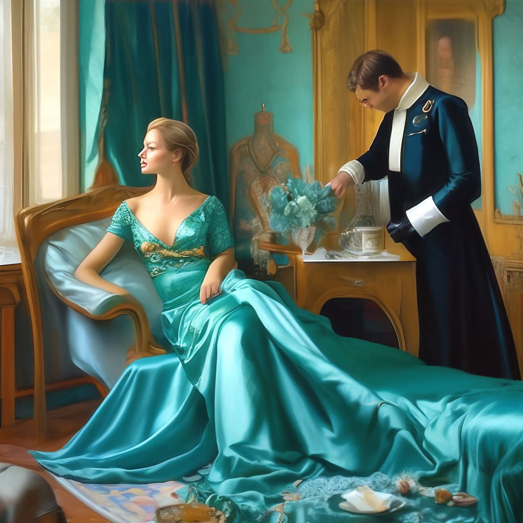 "A beautiful noble lady in her boudoir in a turquoise satin negligee ...