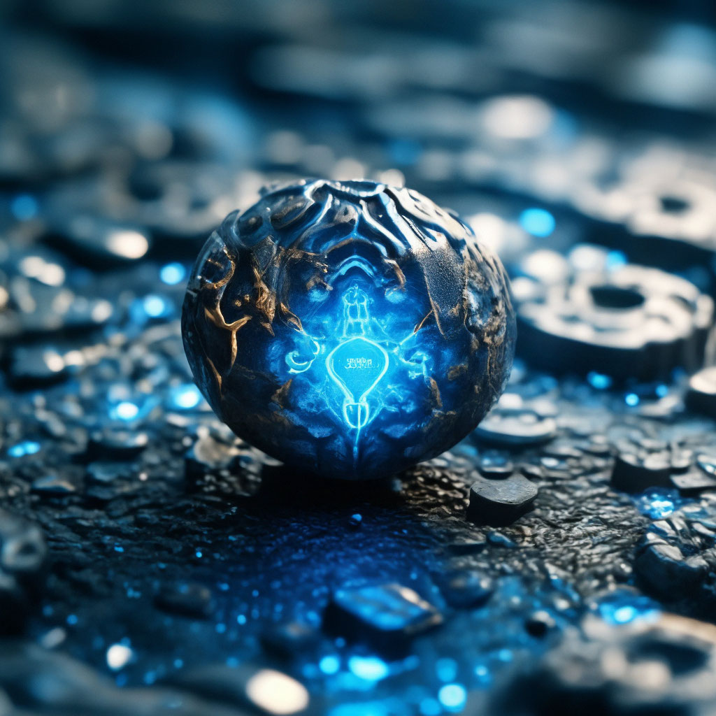"A small glowing artifact of unusual shape lies on a carpet of blue ...