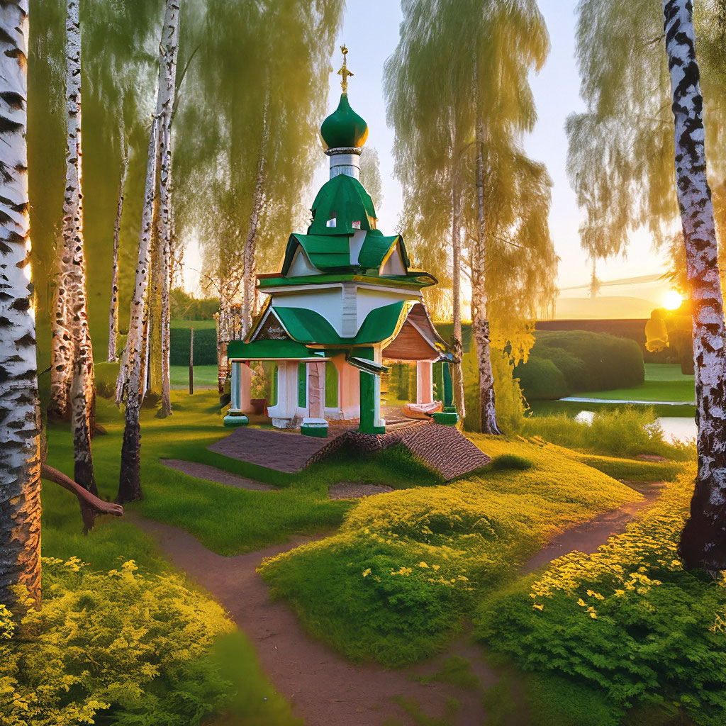 "Russian shrine in a green birch grove at sunset" — image created in ...