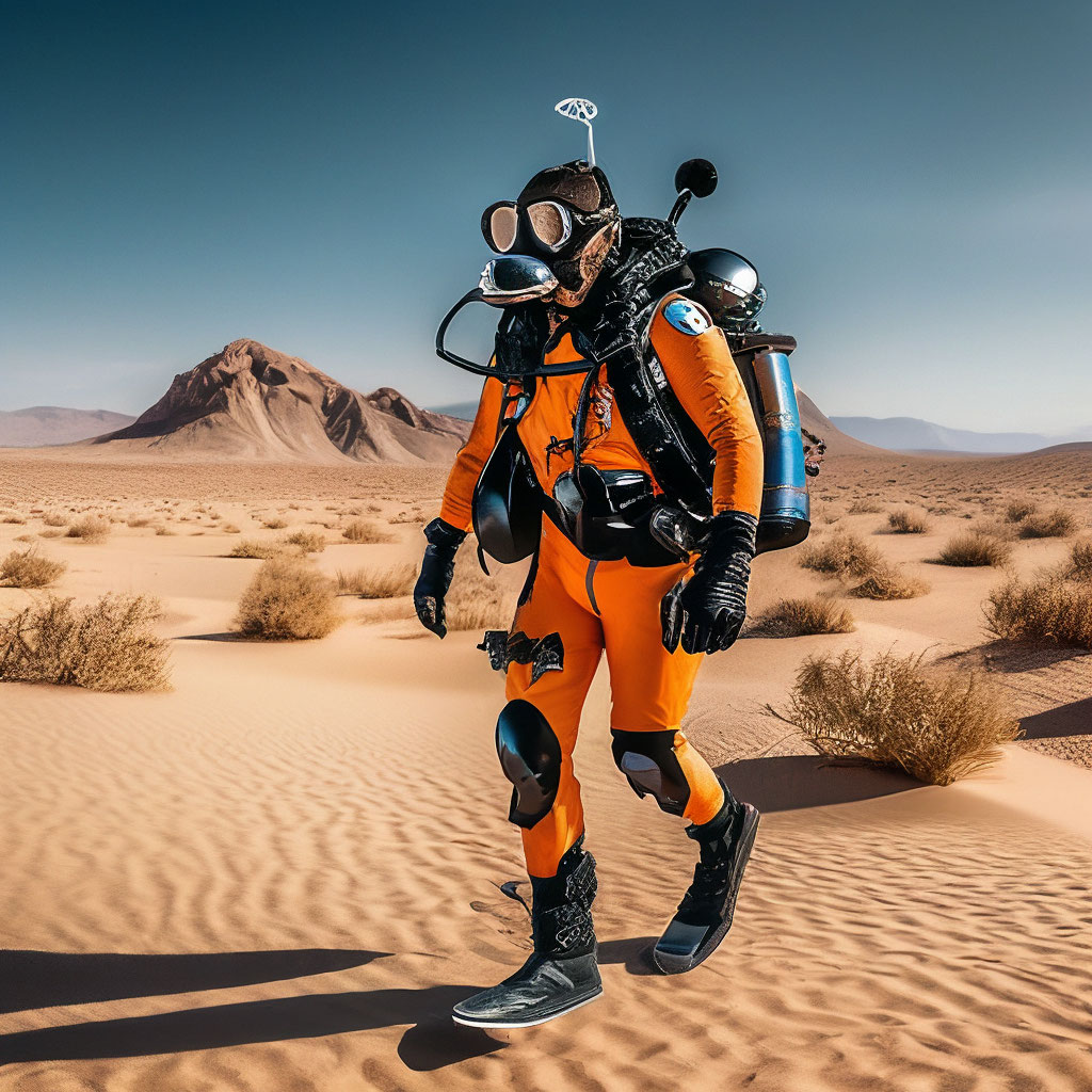 "Diver with scuba gear, in flippers walking in the desert" — image ...