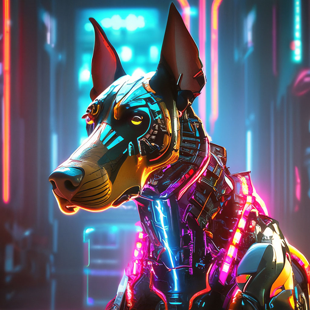 "Cyborg dog doberman, creation process, neon stripes, beautiful ...