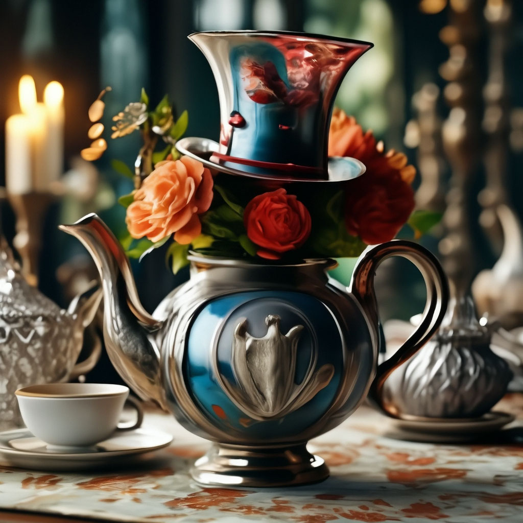 "A beautiful style crystal teapot in which flowers, a Hatter's table ...