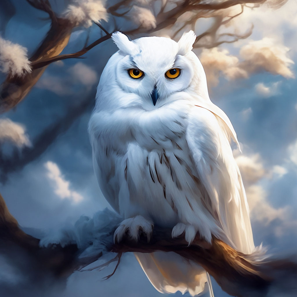 "A very white owl, like clouds, is sitting on a tree branch, looking ...