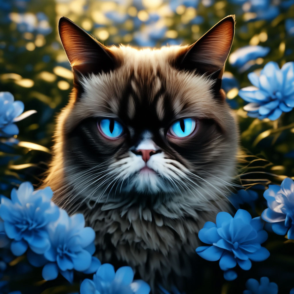 "©Ket X rate from 1 to 10 blue neon Grumpy Cat among plants and flowers ...