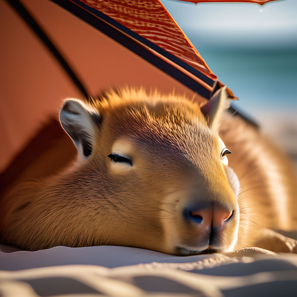 "Capybara sleeping on the beach under an umbrella, aesthetically ...
