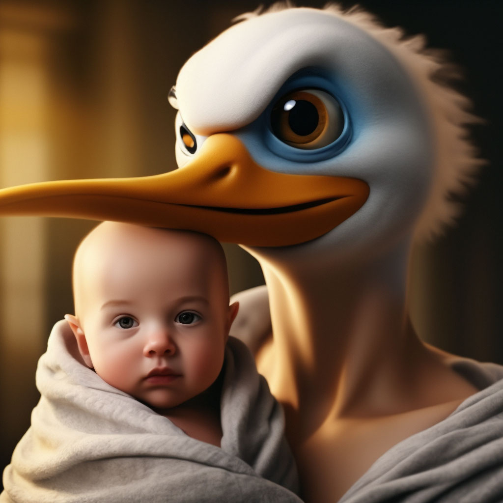 "The stork is flying +holding the baby in a towel, detailed eyes, funny ...