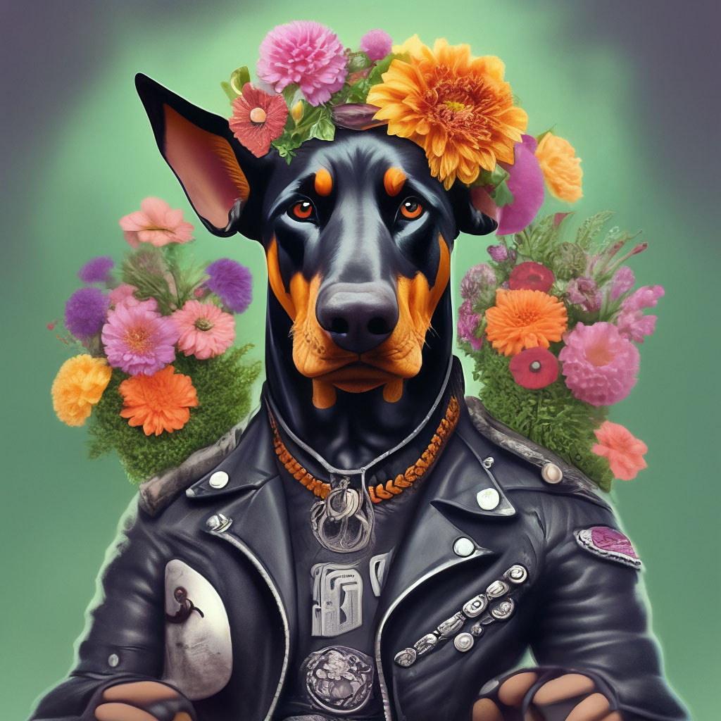 "Rocker Doberman on a motorcycle brutal jacket with a pot of flowers on ...