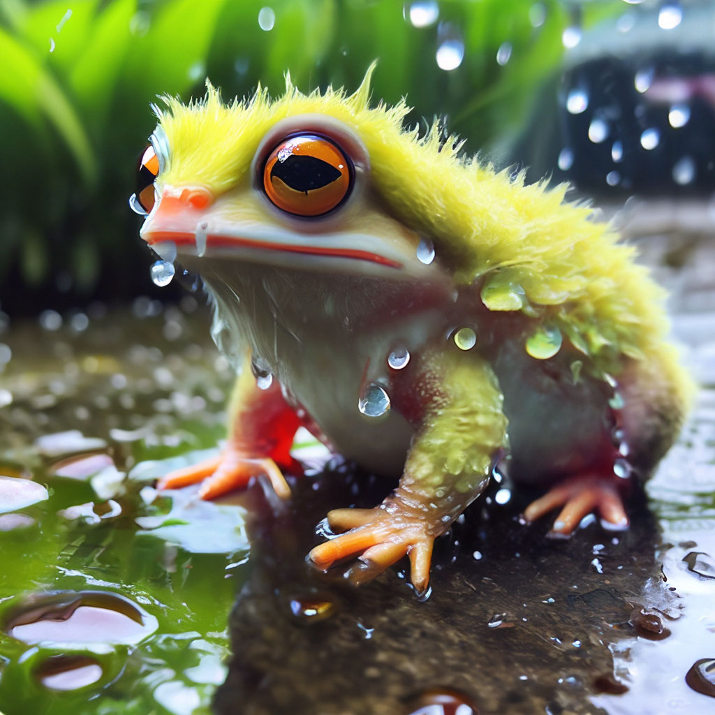 "Fluffy frog in the rain is realistic" — image created in Shedevrum
