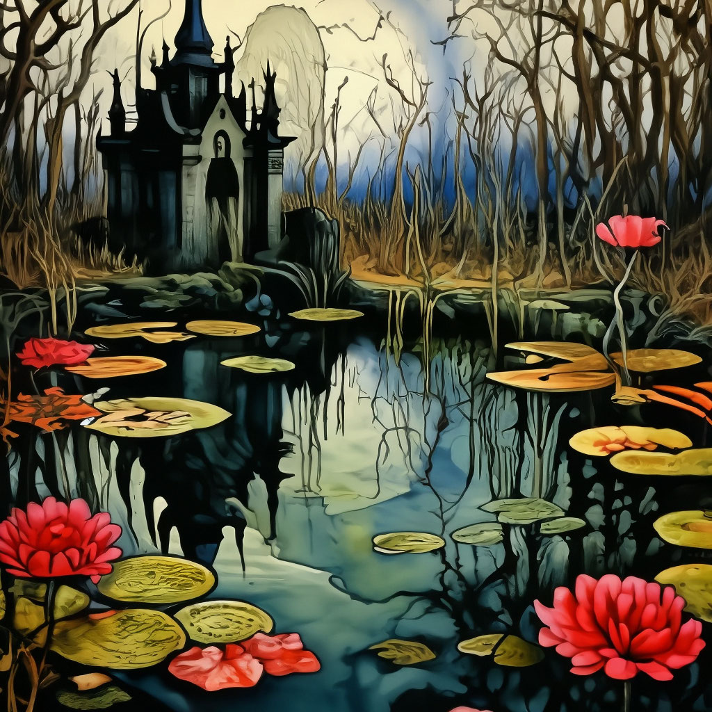 "Sinister pond, gothic, art botanical, old botanical map, watercolor ...