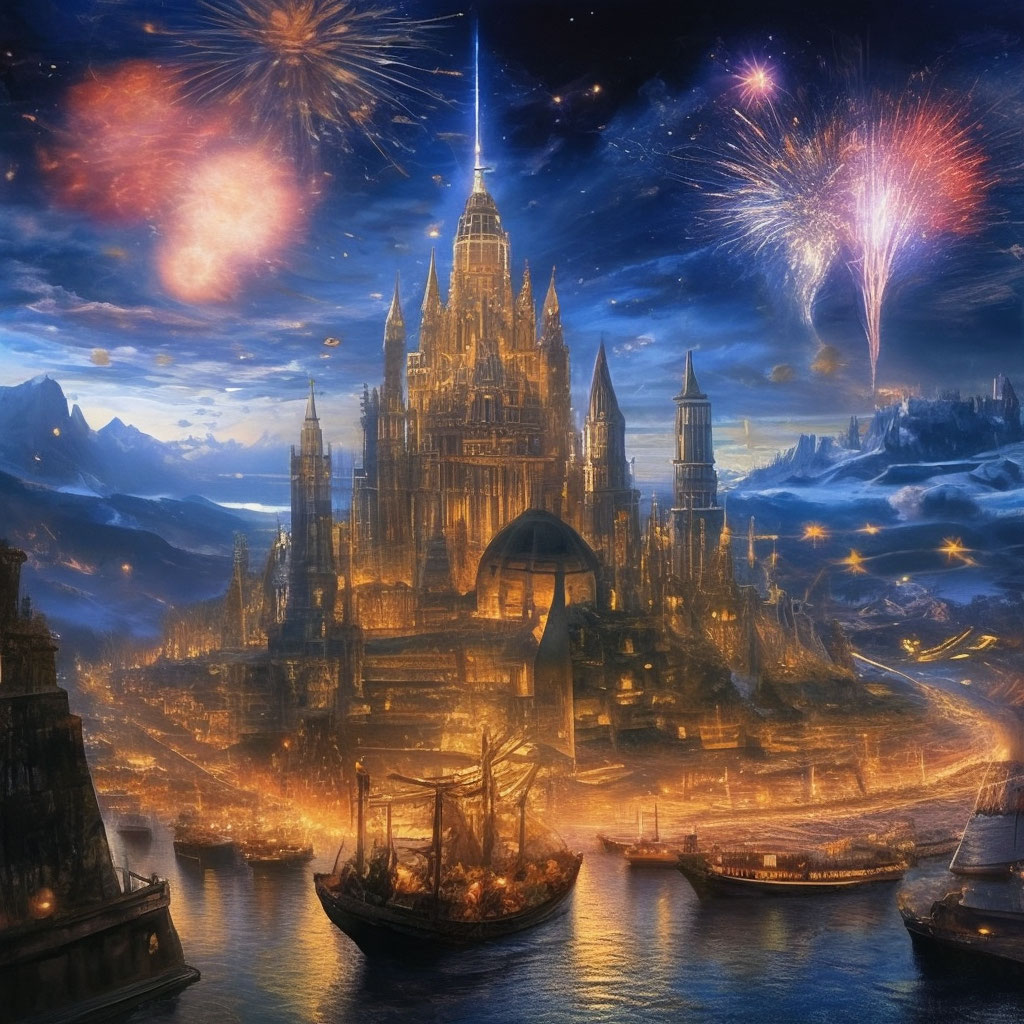 "THE DREAM OF ATLANTIS ON NEW YEAR'S EVE" — image created in Shedevrum