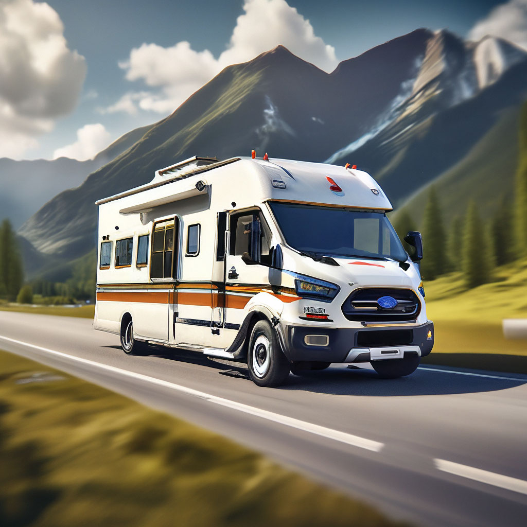 "A small, cozy, realistic motorhome Ford is driving on the autobahn ...