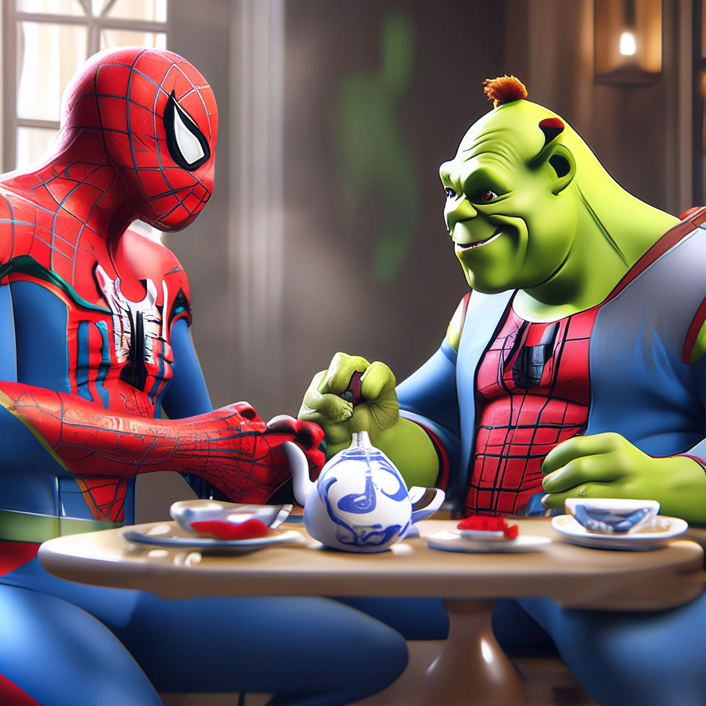 "Spider-Man and Shrek drink tea realistic wallpaper of good quality ...