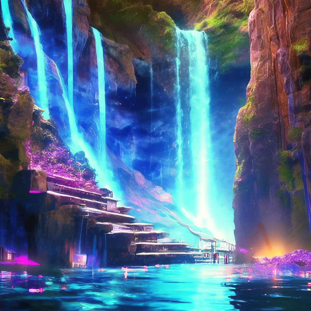 "Landscape view of the neon waterfall from an ancient bridge, glitter ...