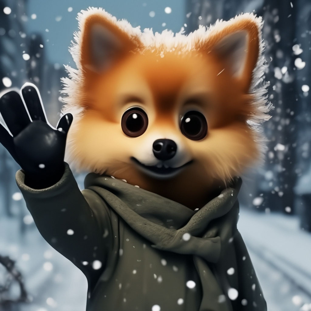 "Creep, Anthropomorphic, bug-eyed, pomeranian,waves goodbye to everyone ...