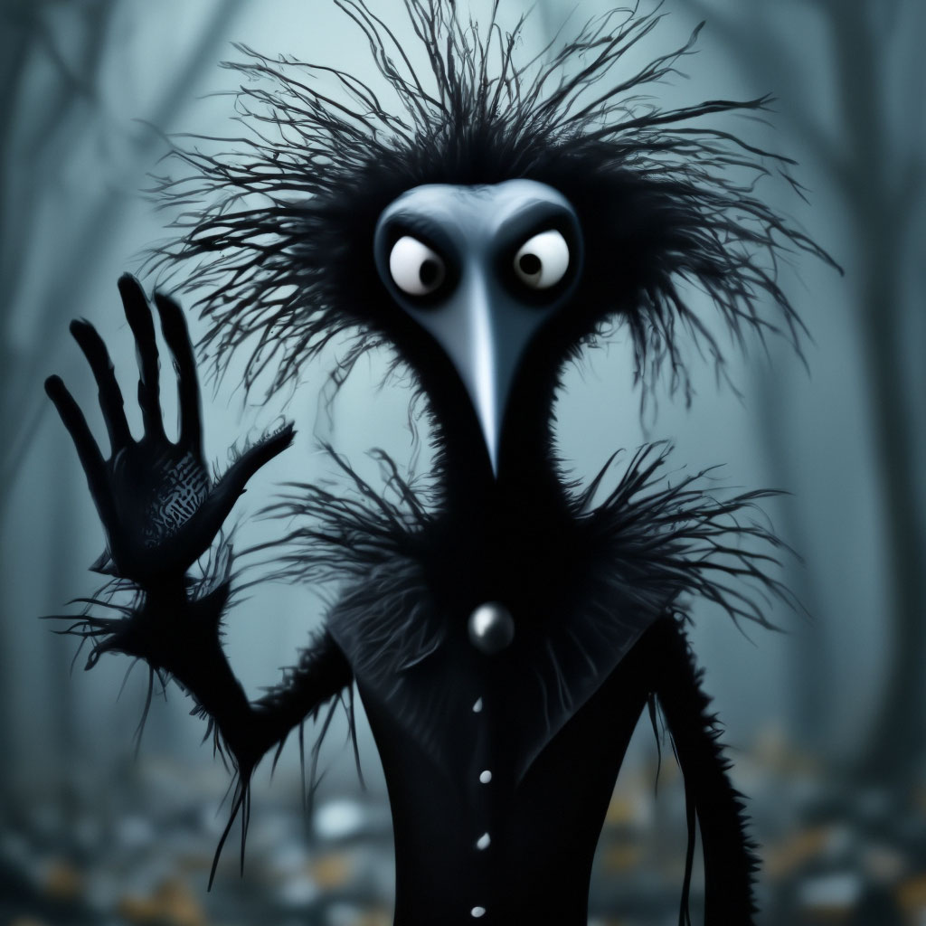 "The humanoid raven waves goodbye to everyone.Tim Burton's style ...