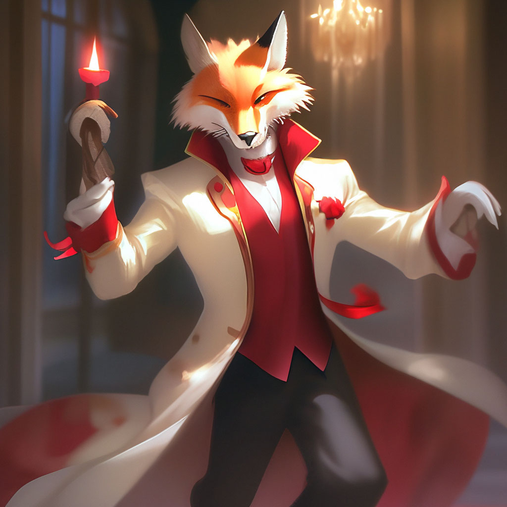 "Anthropomorphic male fox, vampire, cream coat, bright red eyes ...