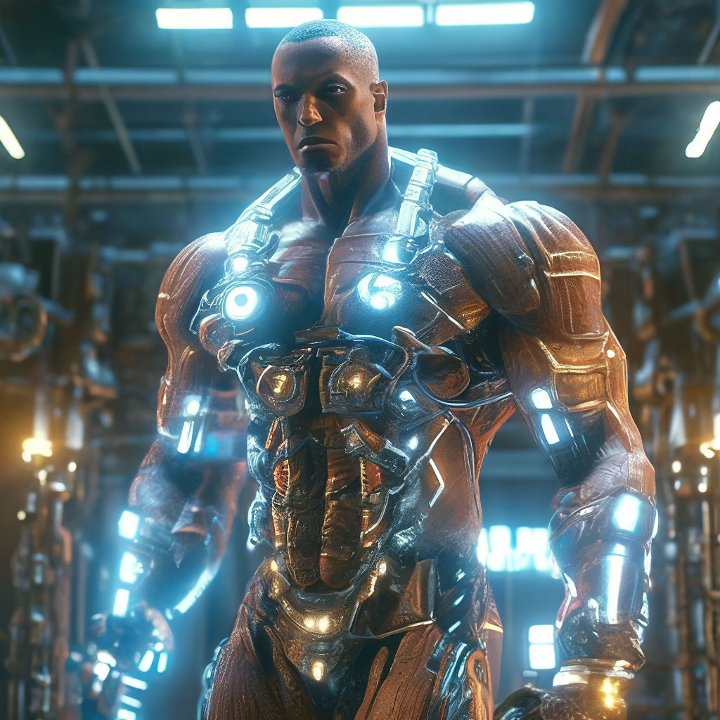 "Giant Cyborg bodybuilder is covered with electrical protective fields ...