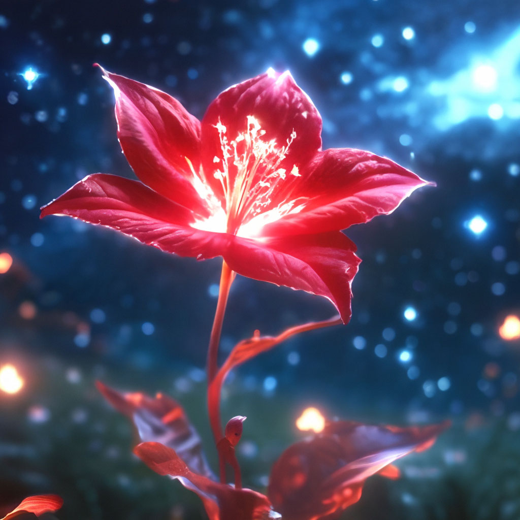 "Beautiful scarlet flower under the starry sky, fantasy,radiance effect ...