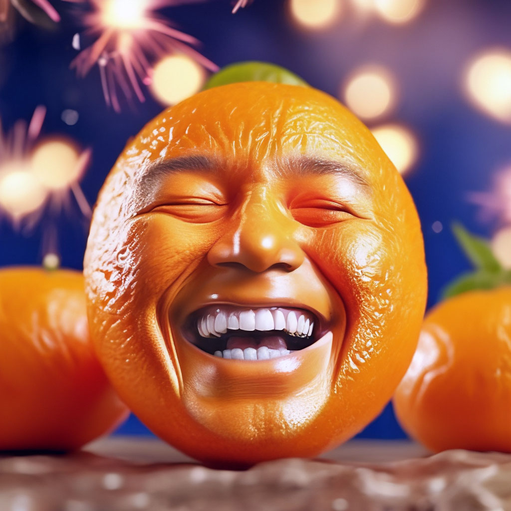 "Man's face, happy, laughing hybrid , tangerine head, porous tangerine ...