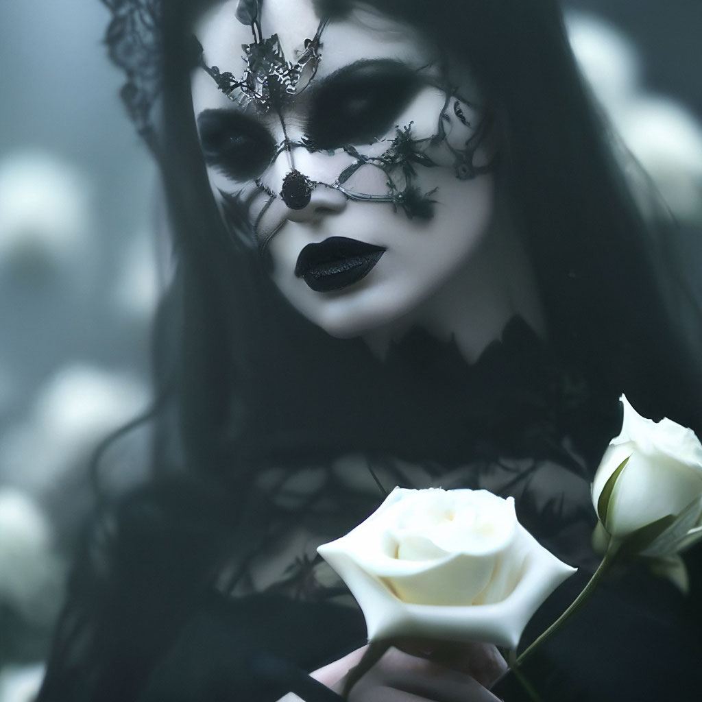 "Cemetery,cross, dark background, white roses, fog, widow in a black ...
