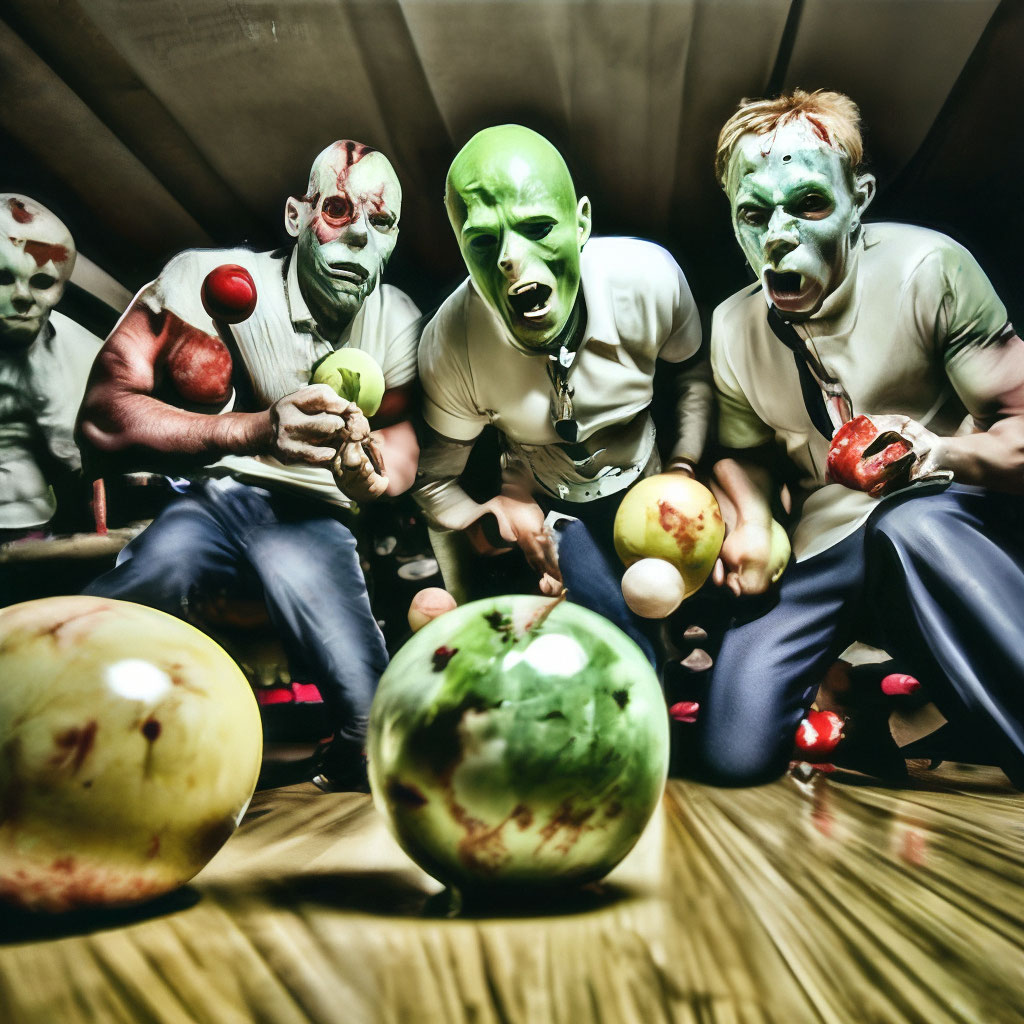 "Zombie bowling balls-heads, skittles-shins" — image created in Shedevrum