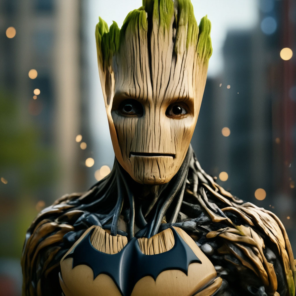 "Groot Cosplays Batman" — image created in Shedevrum