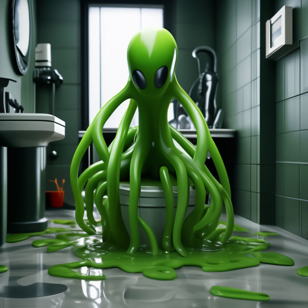 "Small bathroom,toilet,(Green slime alien blob monsters and tentacles ...