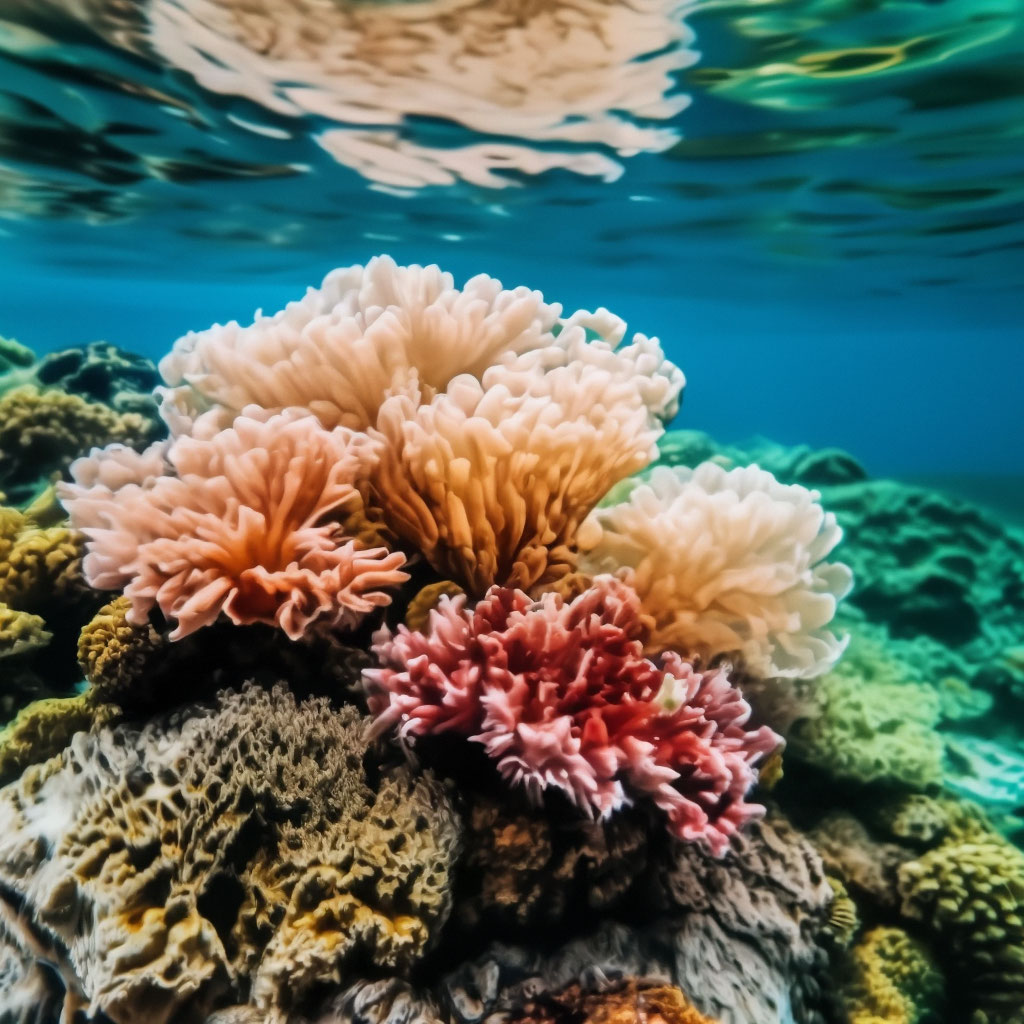 "Coral reef on the bottom during a period of calm sea." — image created ...