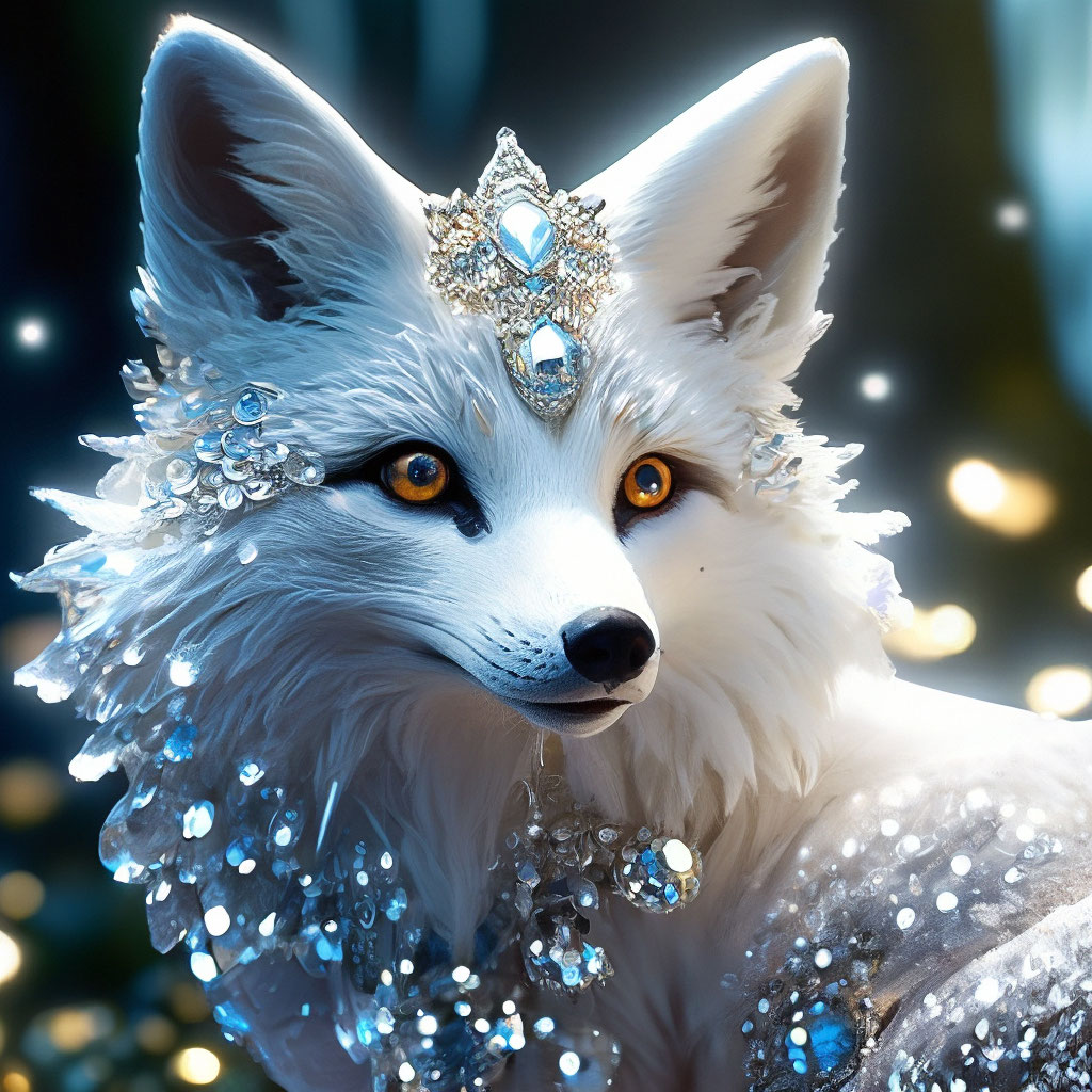 "Hyperrealistic beautiful fox,crystals ,white shimmer ...