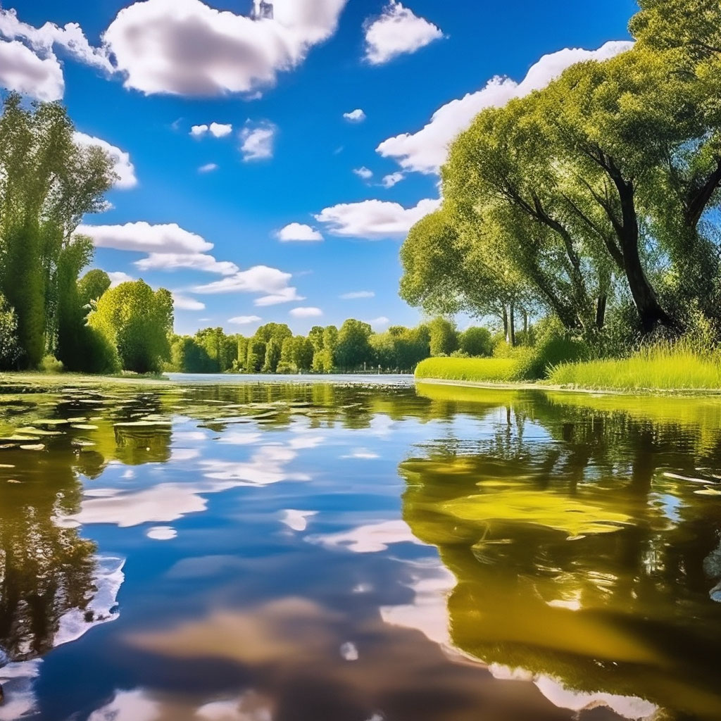 Water mirror surface And clouds of lace. Trees in dresses are standing ...