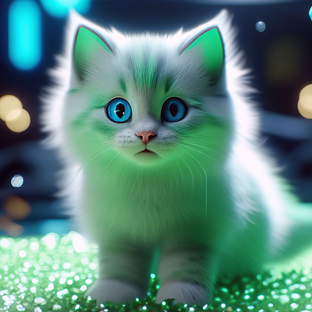 "Fluffy cute lime cat, big blue eyes, playing with tail ...