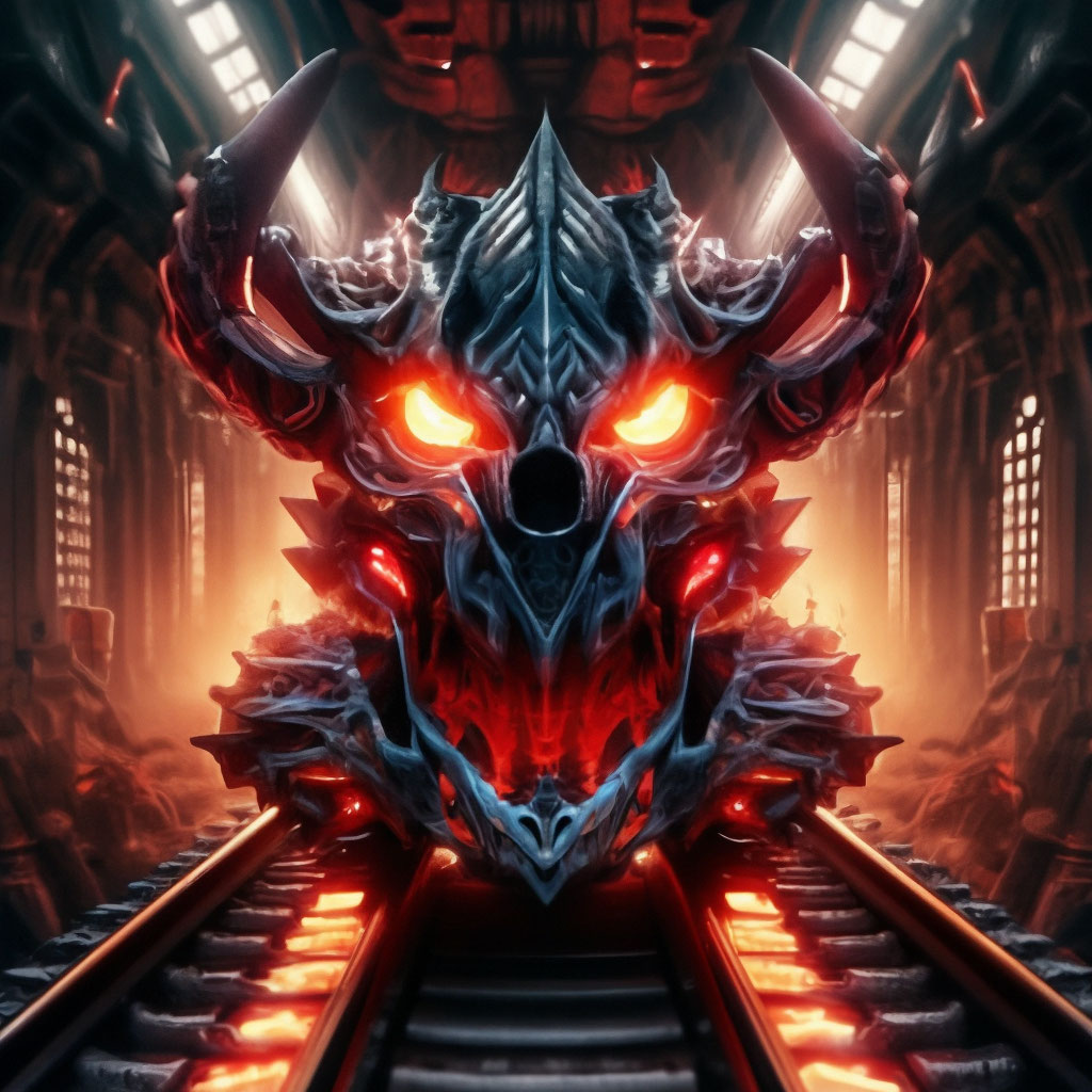 "Hell train with horns and fangs" — image created in Shedevrum