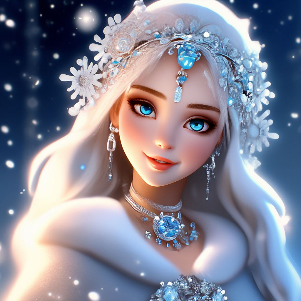 "Graphics, gentle snow maiden, detailed face, pale transparent skin ...