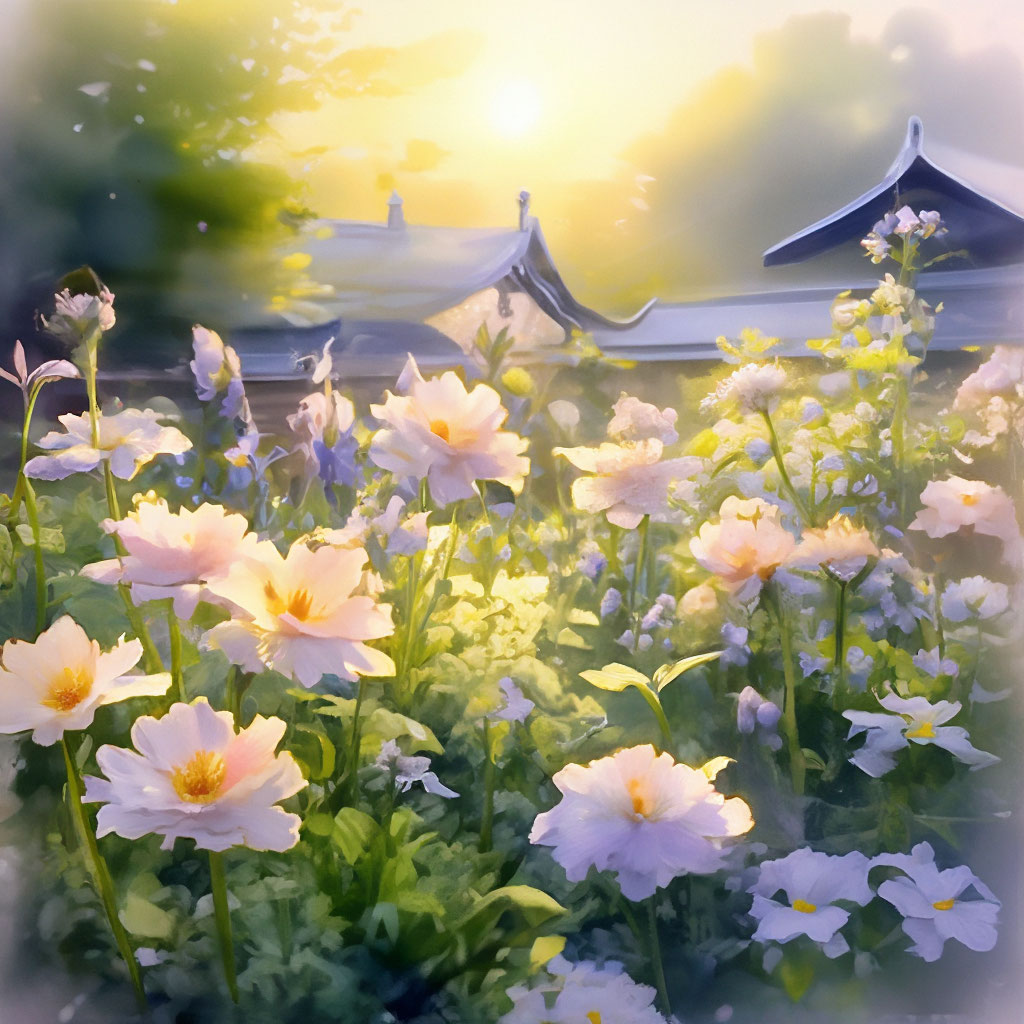 "Watercolor,fine drawing,flower garden, hyperrealism, aesthetically ...