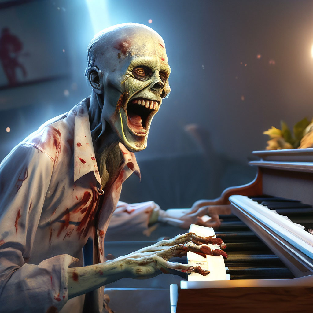 "Funny zombie laughing, playing the piano, photorealism,hyperrealism ...