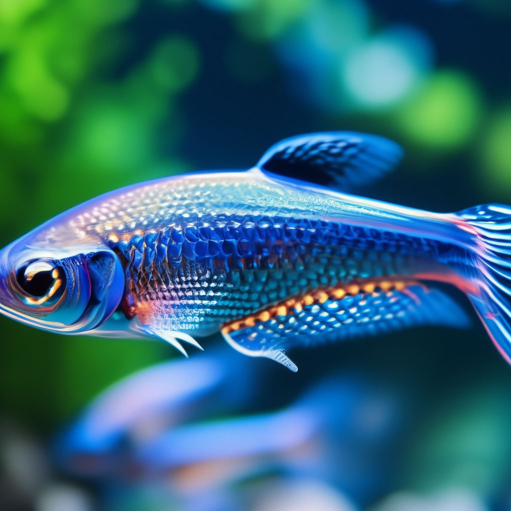 "DANIO is BLUE in the aquarium, blue water, dark , the fish is ...