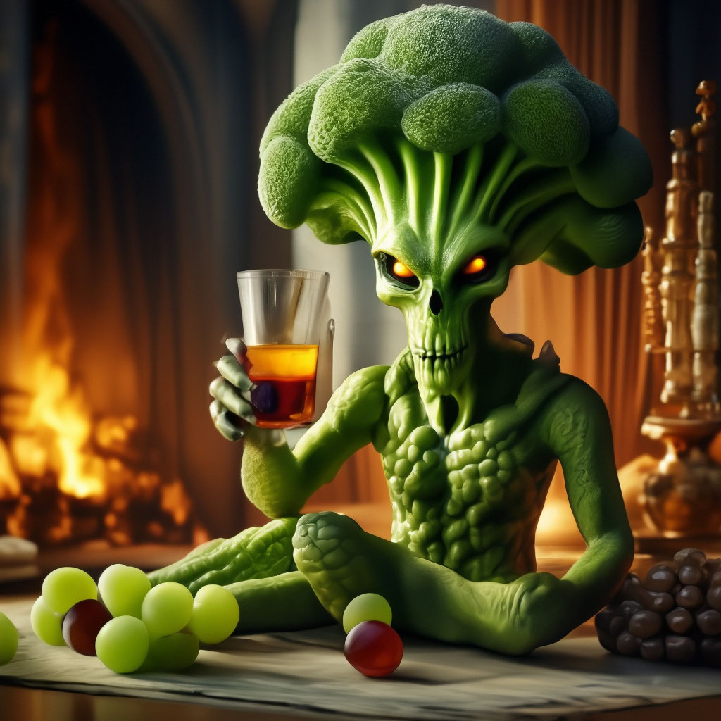 "Alien humanoid broccoli sits with a bottle of rum by the fireplace and ...