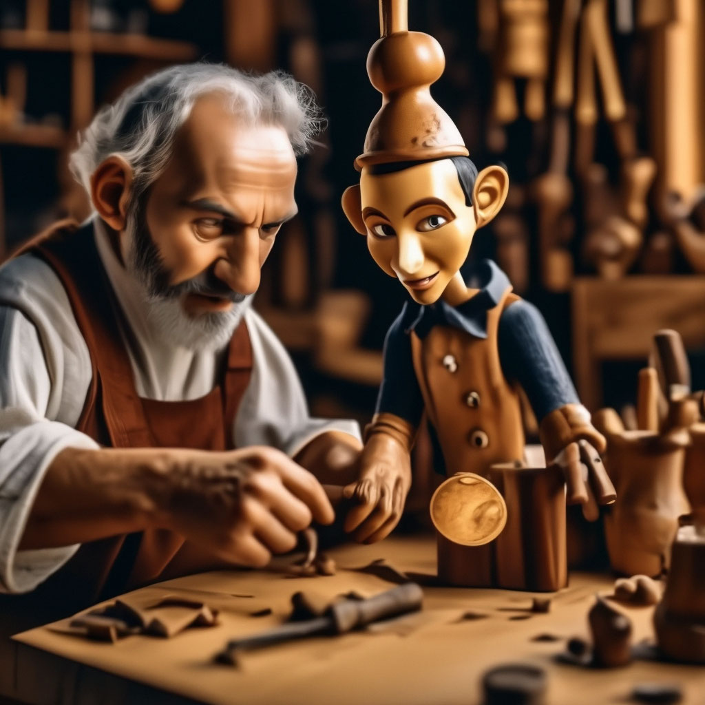 "Papa Carlo in the workshop teaches Pinocchio wood carving, ISO 100 ...