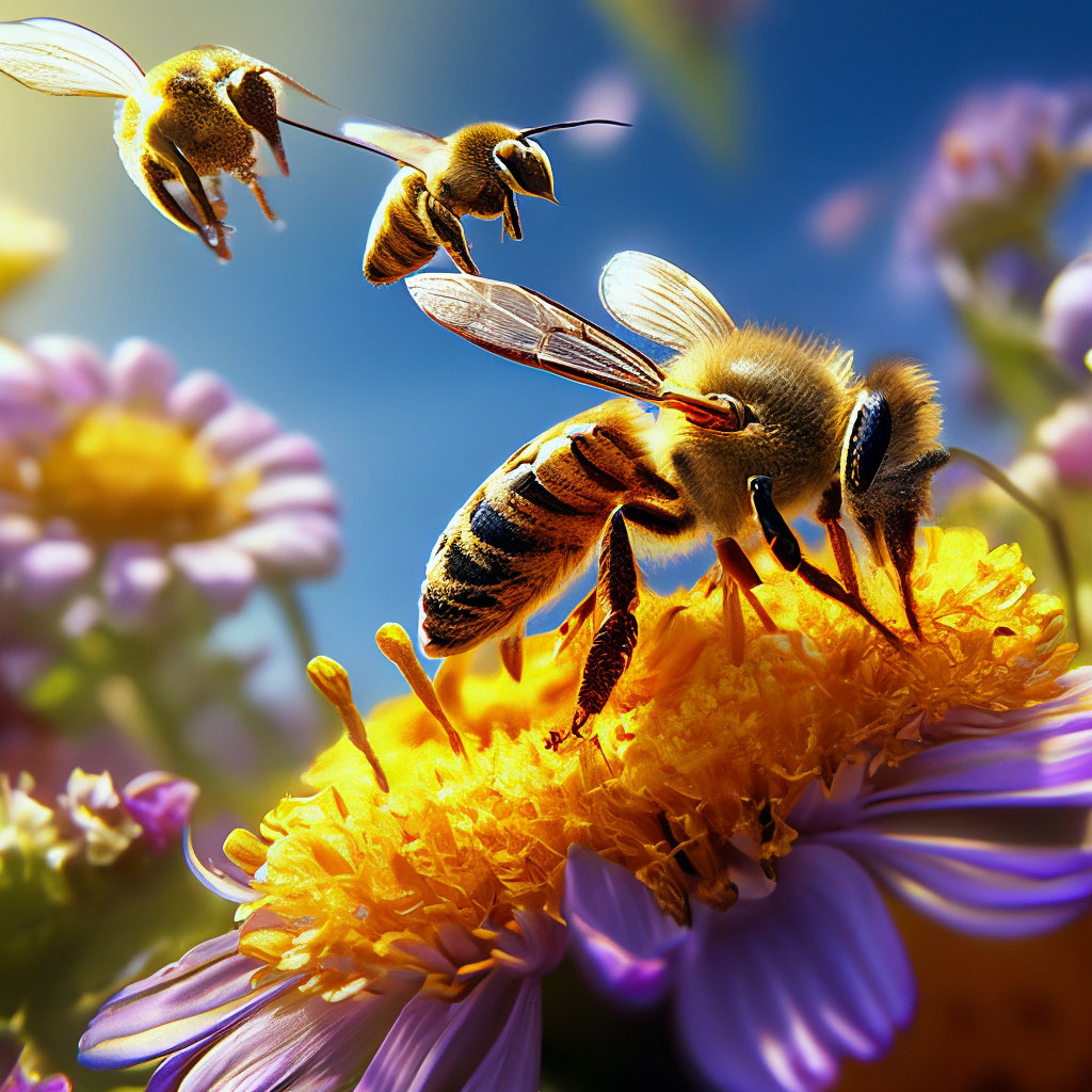 "Bees joyfully and with a song collect honey,flowers are visible ...