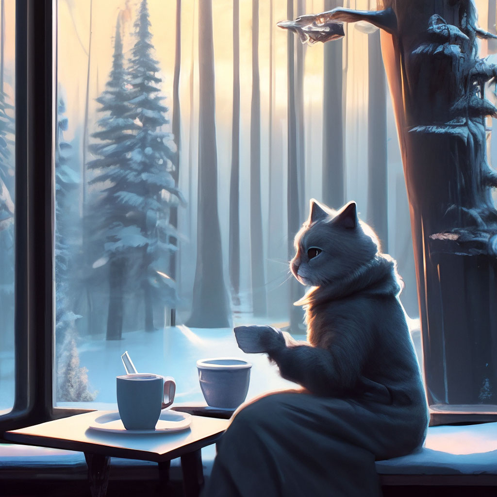 "Morning can be seen from the window a frosty day in the forest, a cat ...