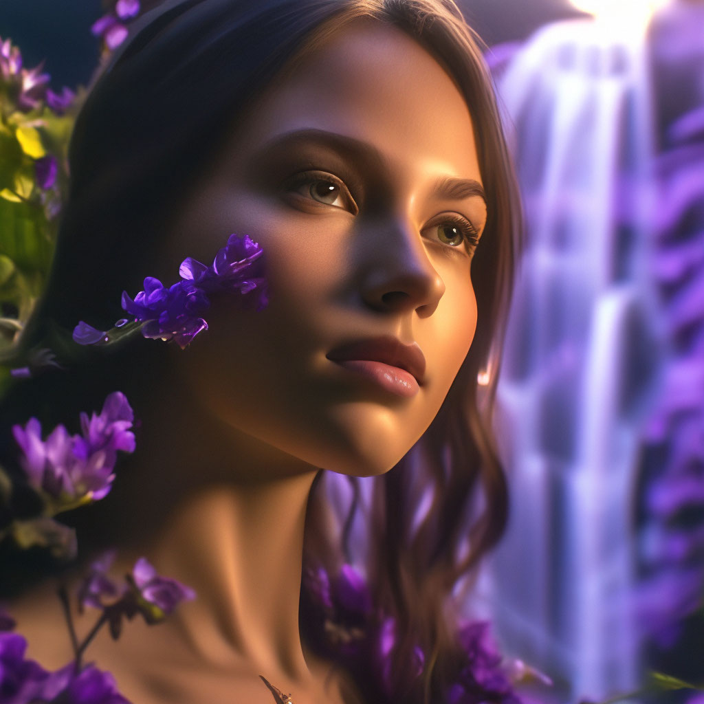 "Amethyst girl's face,amethyst in flowers, waterfall next to her , 4k ...