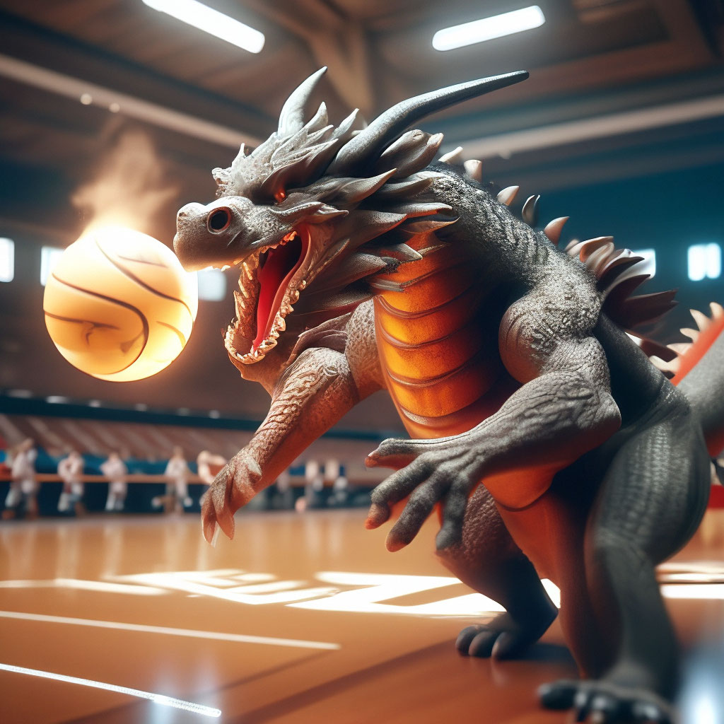 "Dragon playing in the gym basketball ring basketball fireball,4k ...